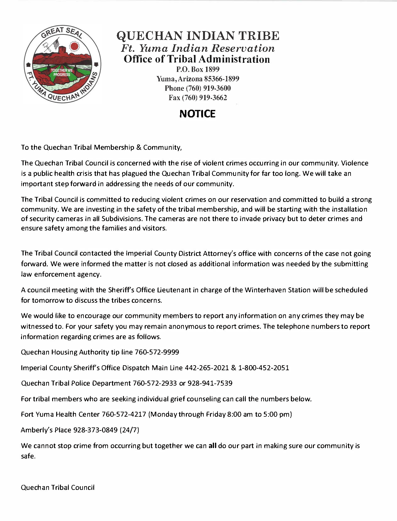 Tribal Council Addresses Crime In The Community - Fort Yuma Quechan ...